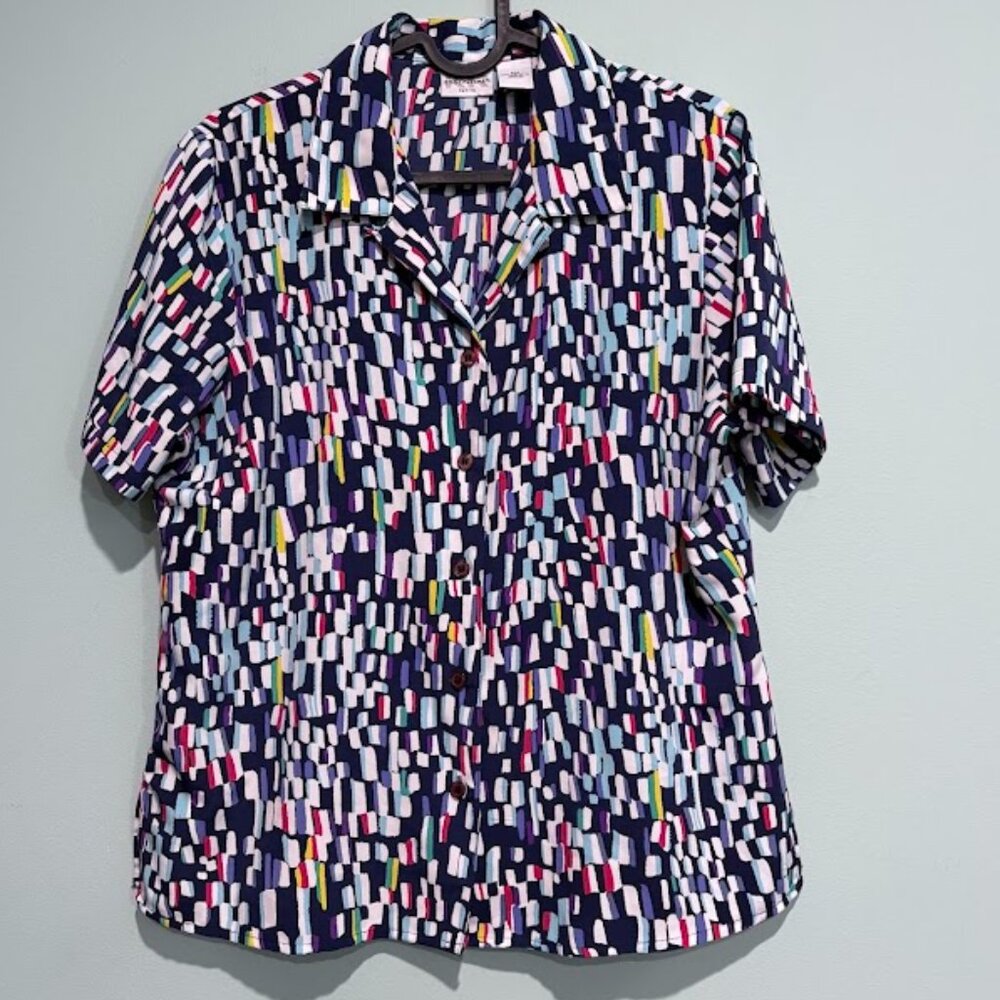 80s Bold Colorful Pop Art Short Sleeve Button Down Co… - Gem